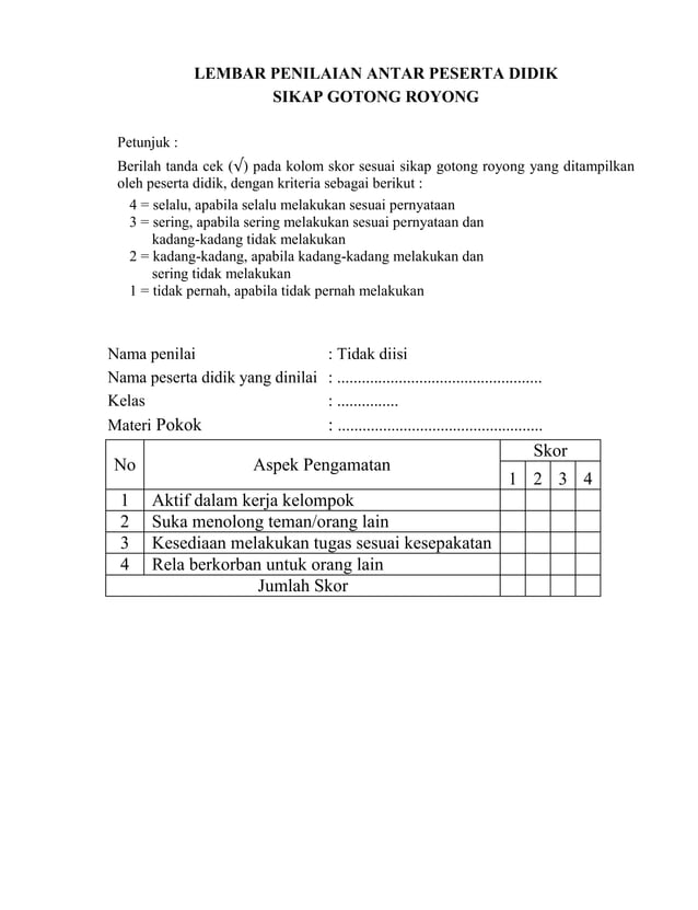 instrumen lembar penilaian antar peserta didik (sikap) | DOCX