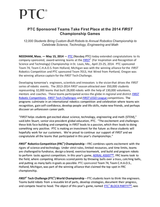 PTC Sponsored Teams Take First Place at the 2014 FIRST Championship Games | DOCX | Robotics ...