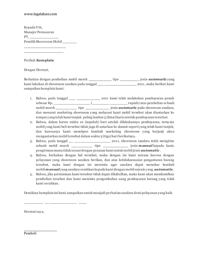 surat komplain pembelian barang