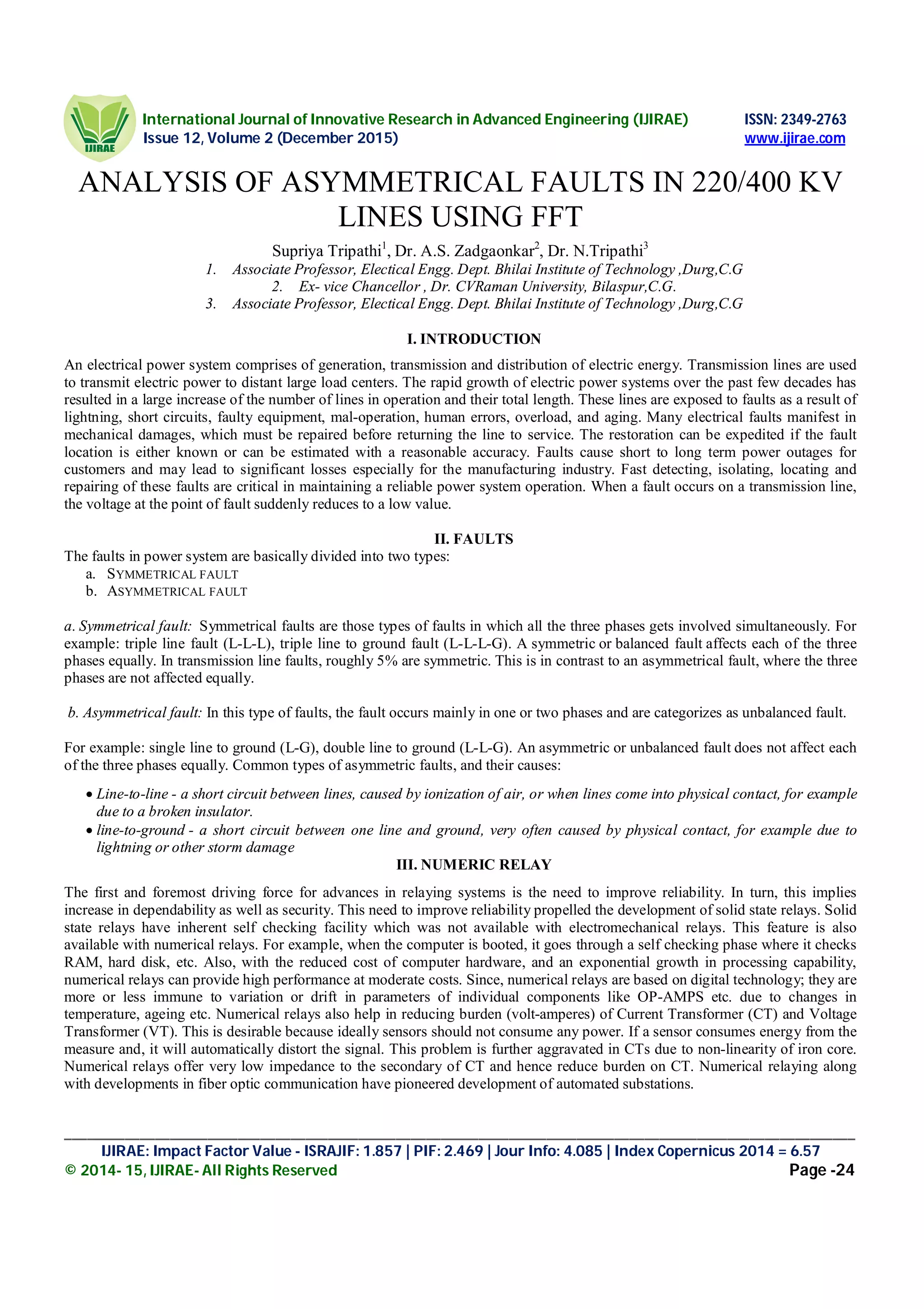 ANALYSIS OF ASYMMETRICAL FAULTS IN 220/400 KV LINES USING FFT | PDF