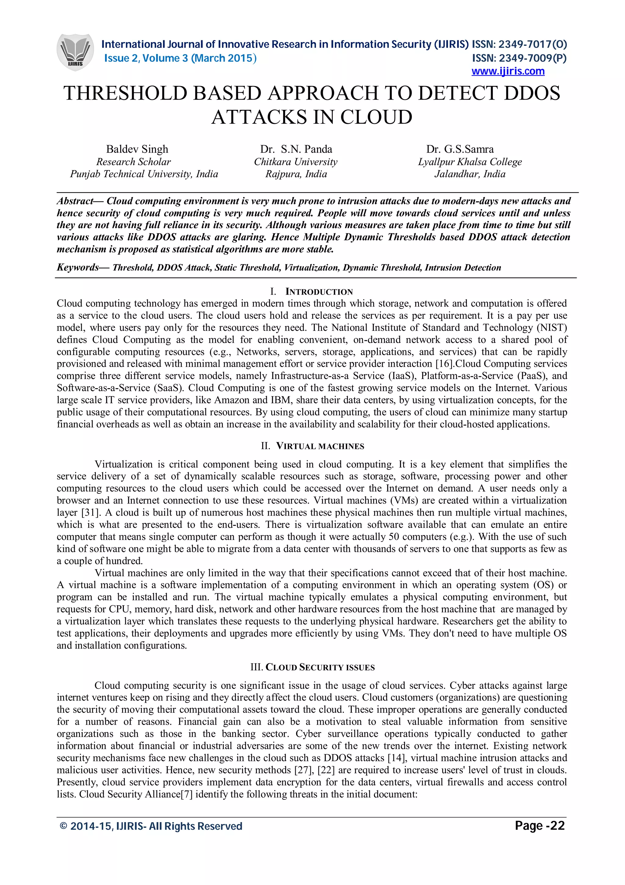 THRESHOLD BASED APPROACH TO DETECT DDOS ATTACKS IN CLOUD | PDF