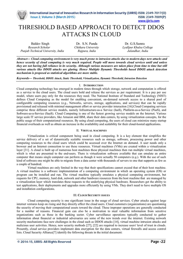 THRESHOLD BASED APPROACH TO DETECT DDOS ATTACKS IN CLOUD | PDF