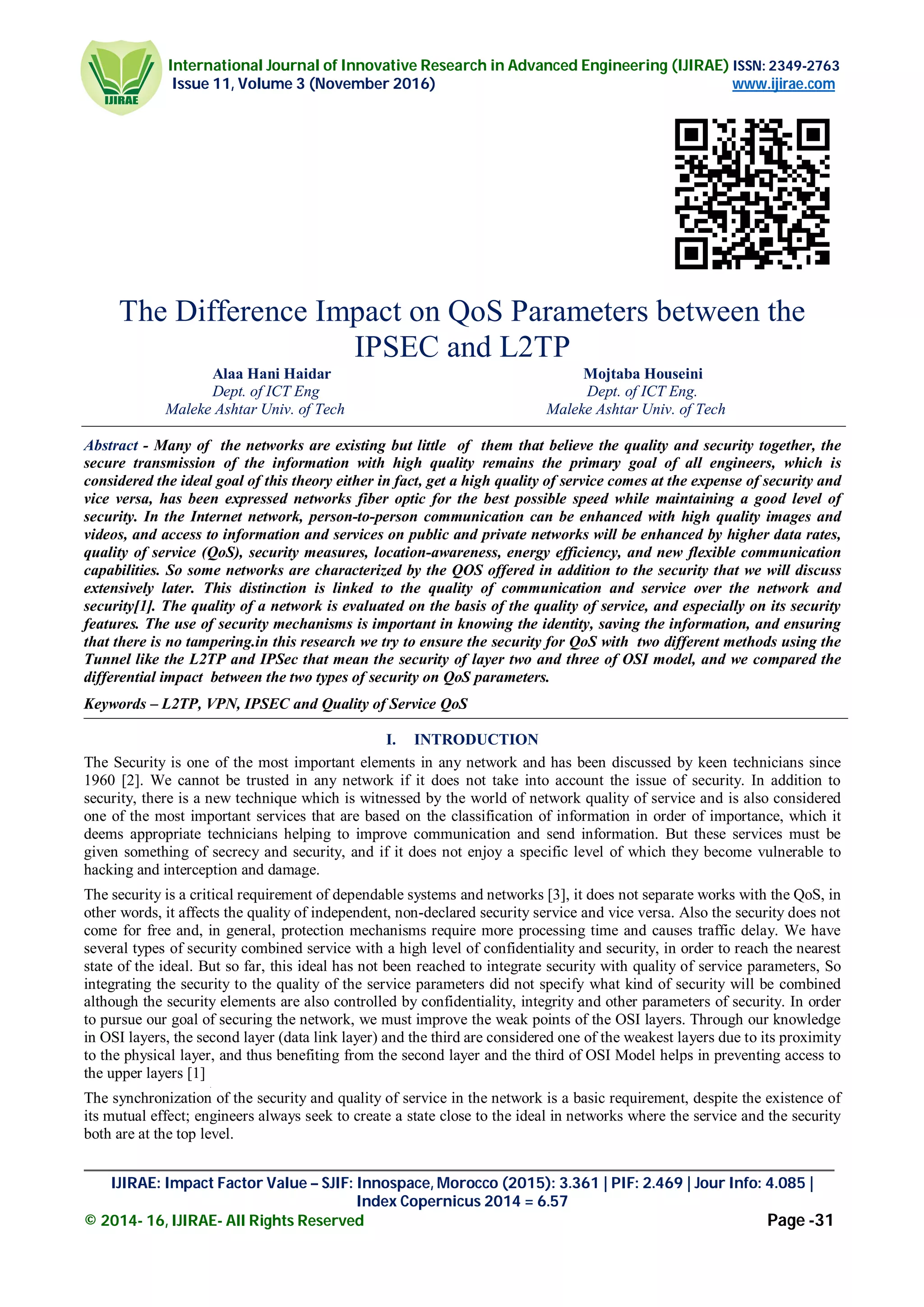 The Difference Impact on QoS Parameters between the IPSEC and L2TP | PDF