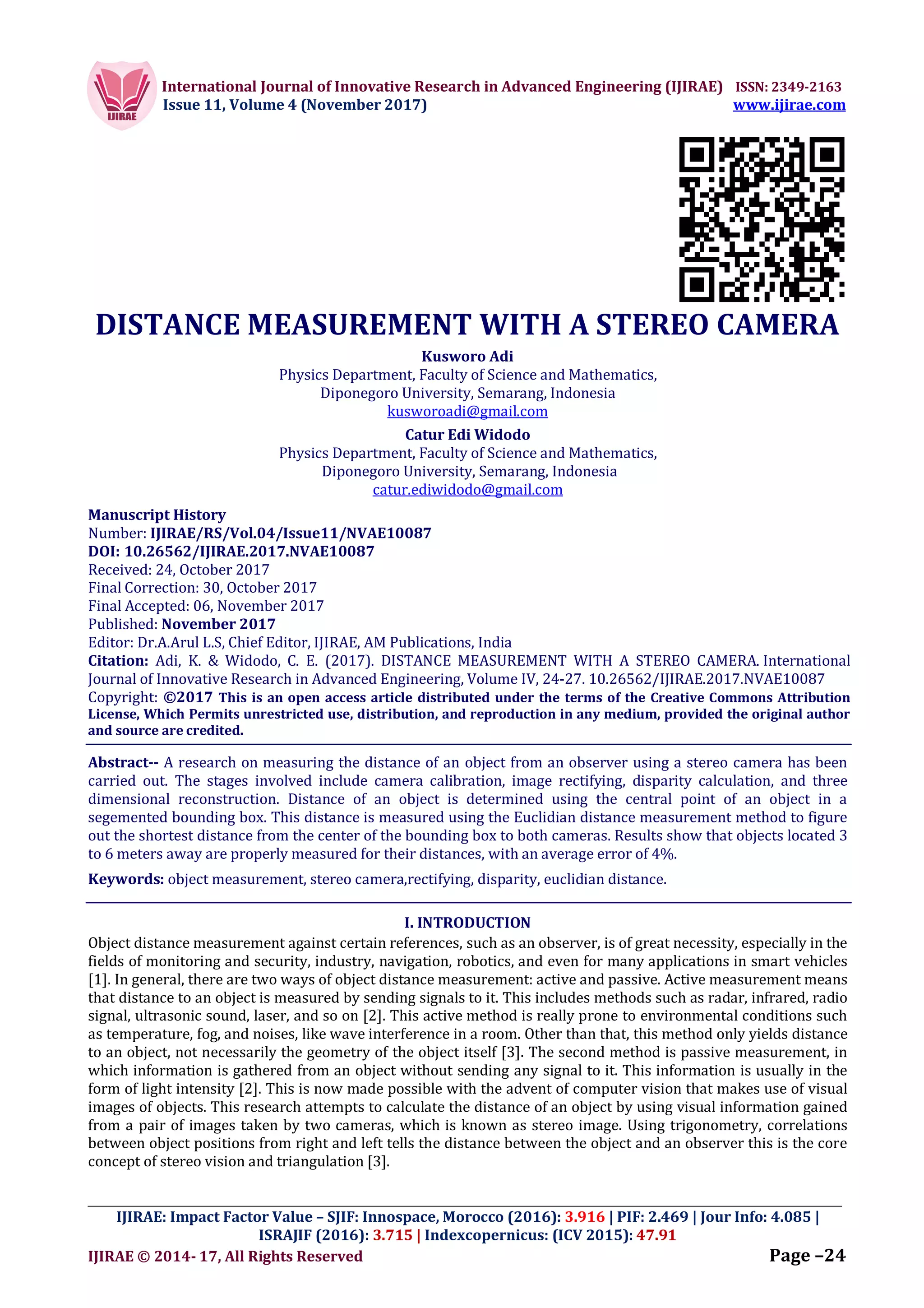 DISTANCE MEASUREMENT WITH A STEREO CAMERA | PDF