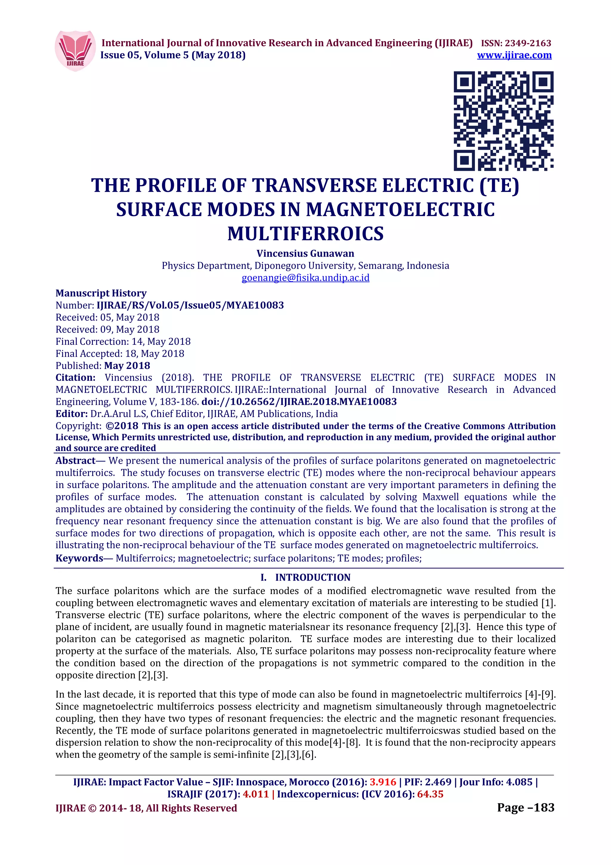 THE PROFILE OF TRANSVERSE ELECTRIC (TE) SURFACE MODES IN ...