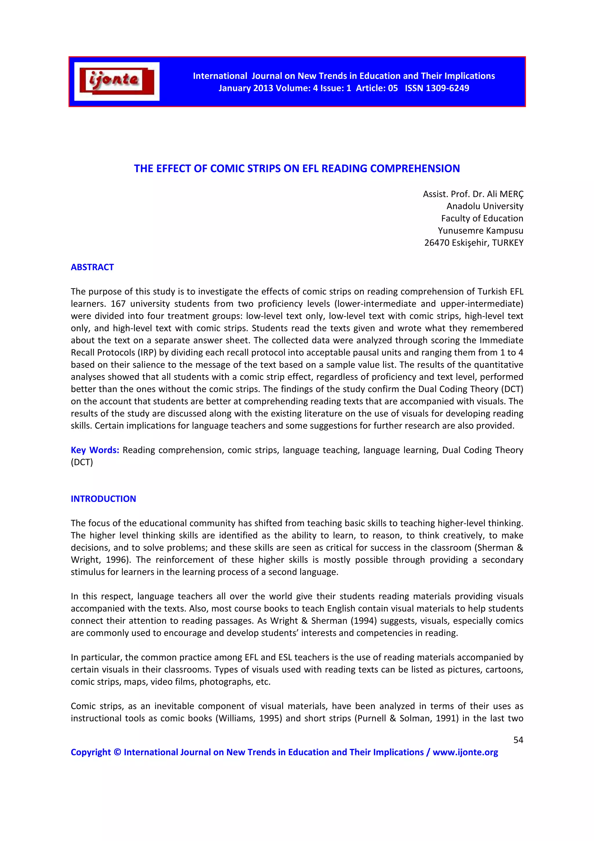 THE EFFECT OF COMIC STRIPS ON EFL READING COMPREHENSION | PDF