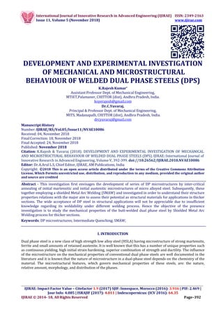 DEVELOPMENT AND EXPERIMENTAL INVESTIGATION OF MECHANICAL AND MICROSTRUCTURAL BEHAVIOUR 0F WELDED ...