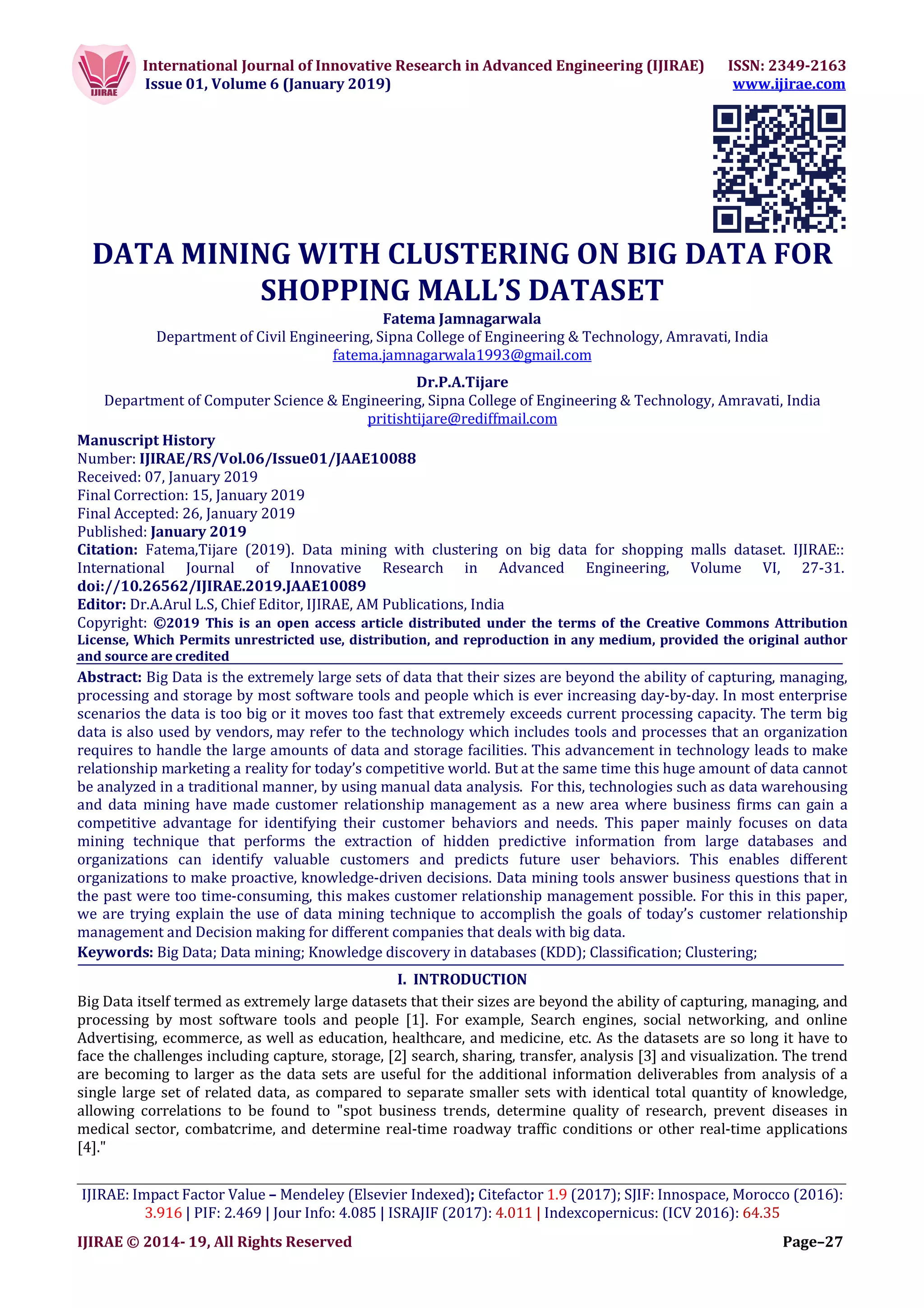 DATA MINING WITH CLUSTERING ON BIG DATA FOR SHOPPING MALL’S DATASET | PDF