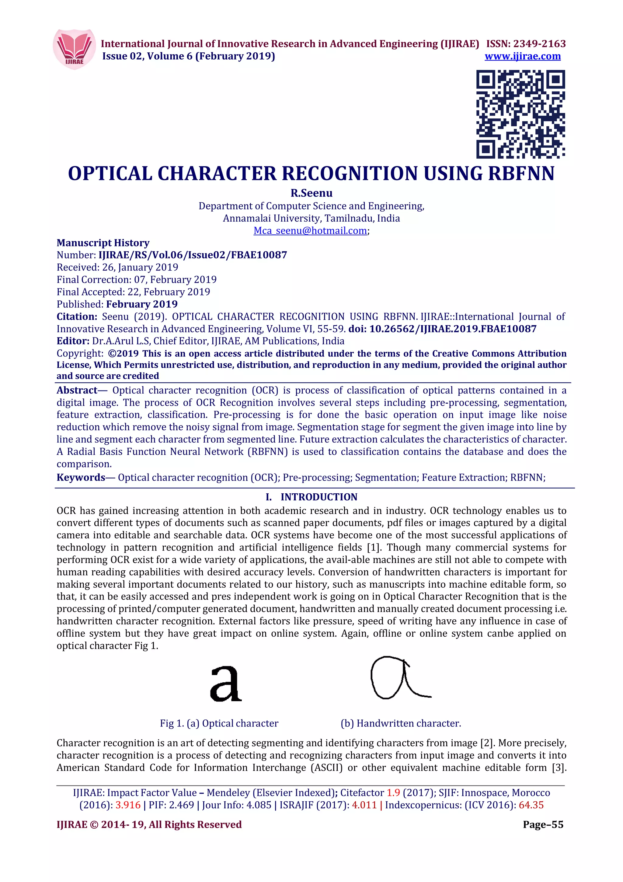 OPTICAL CHARACTER RECOGNITION USING RBFNN | PDF