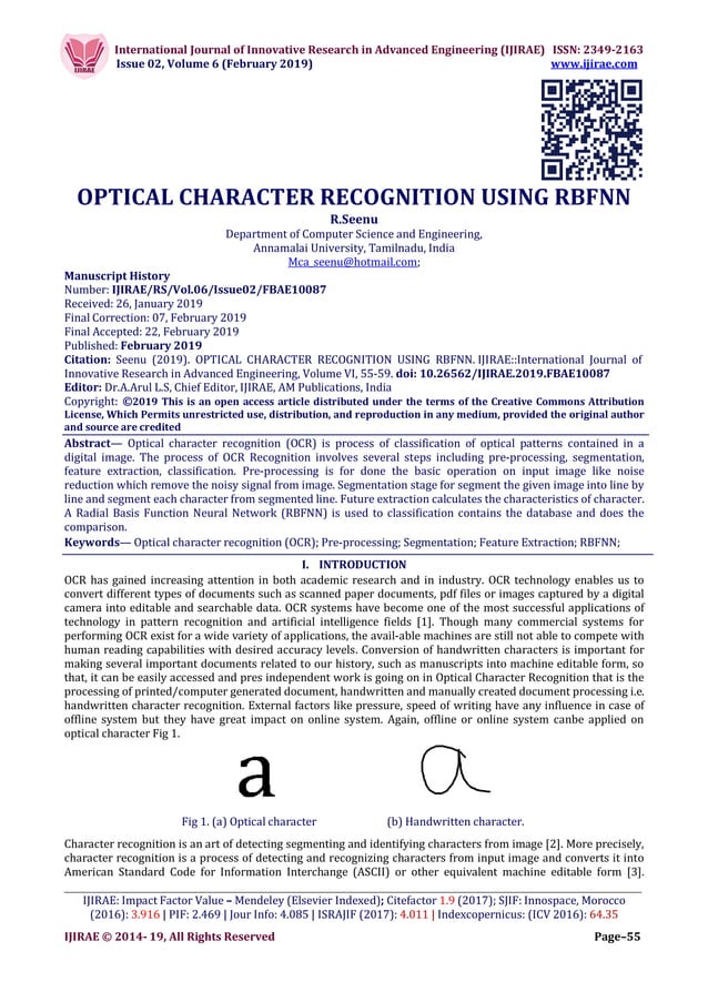 OPTICAL CHARACTER RECOGNITION USING RBFNN | PDF