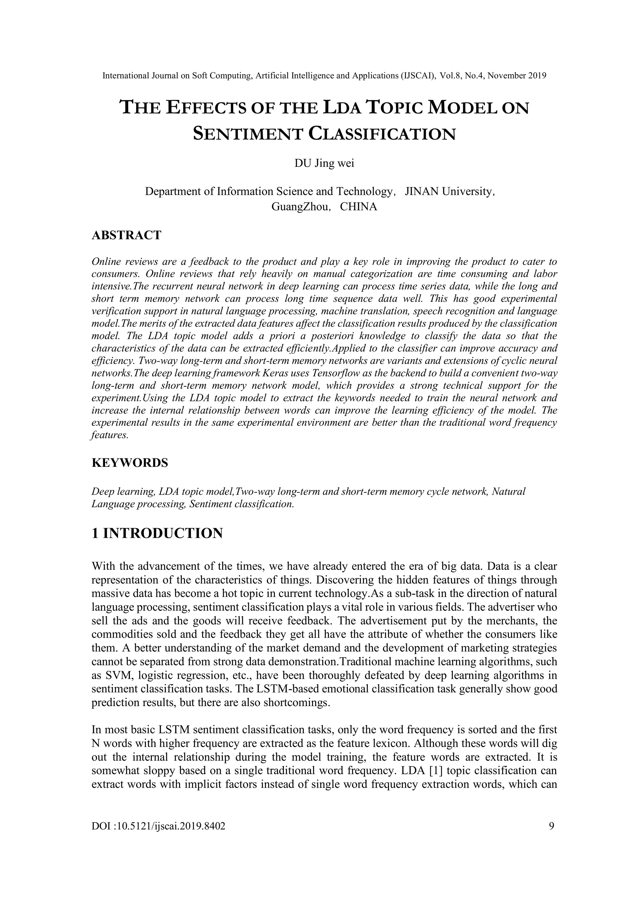 The Effects Of The Lda Topic Model On Sentiment Classification Pdf