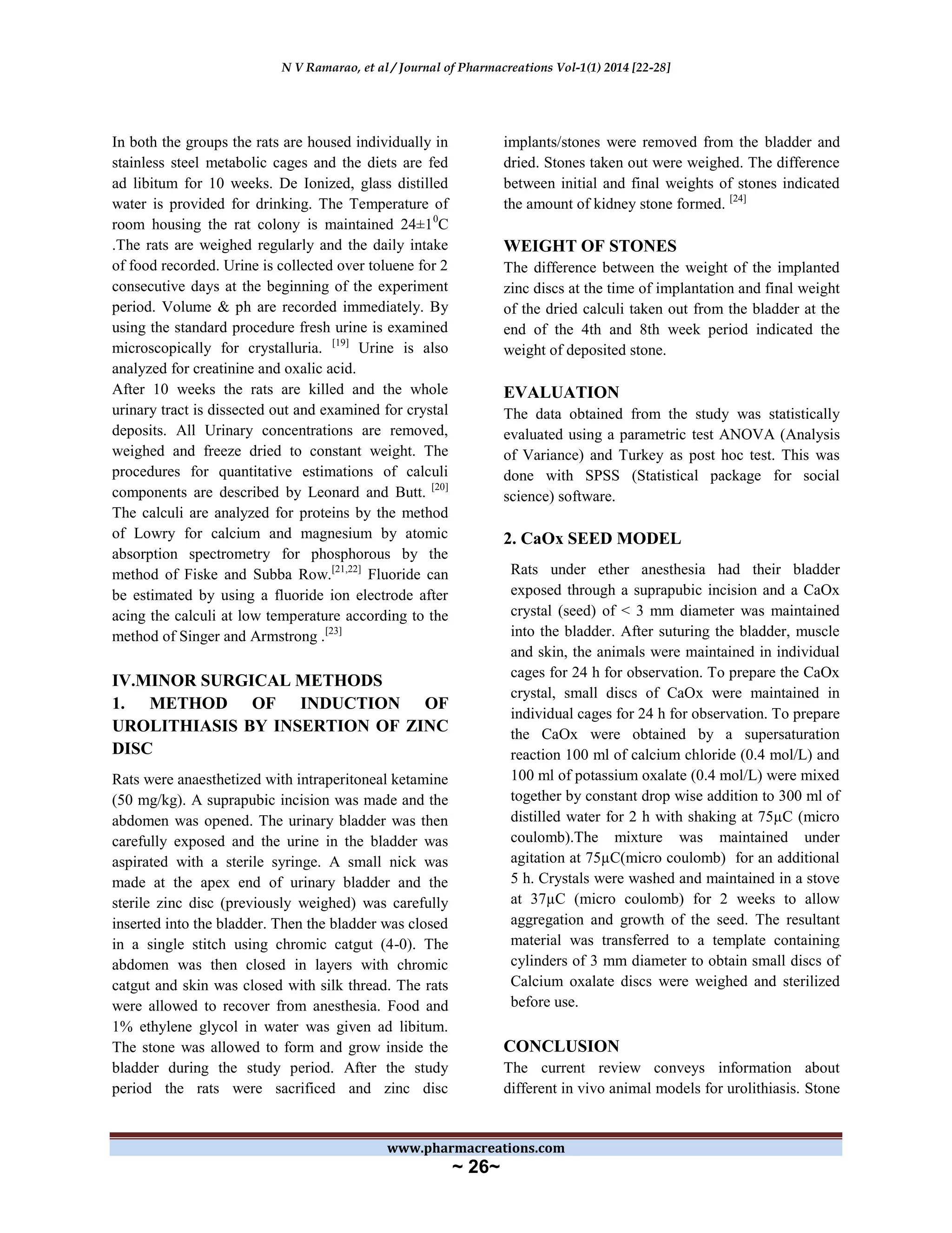 Animal Models For Urolithiasis – A Short Review | PDF