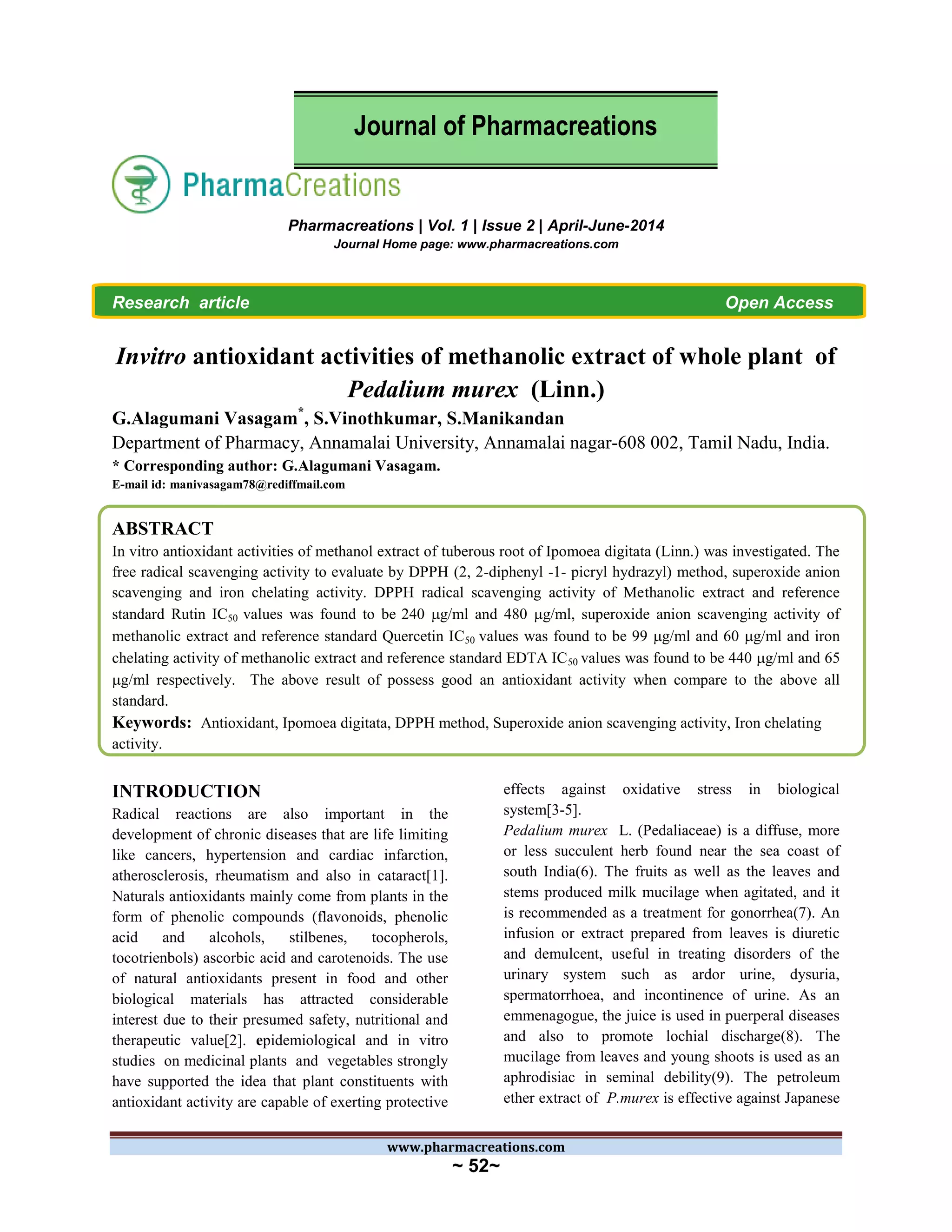 Invitro antioxidant activities of methanolic extract of whole plant of Pedalium murex (Linn.) | PDF