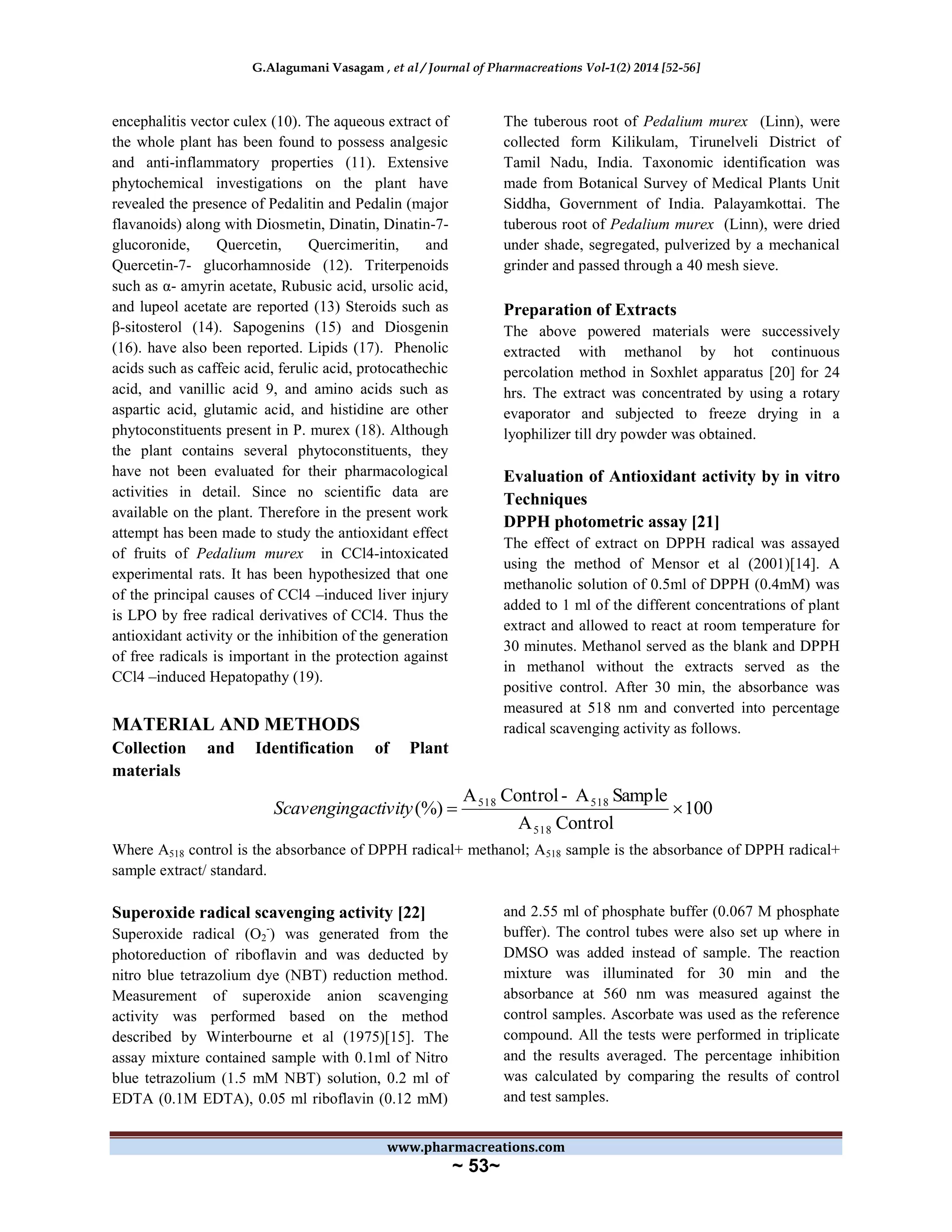 Invitro antioxidant activities of methanolic extract of whole plant of ...