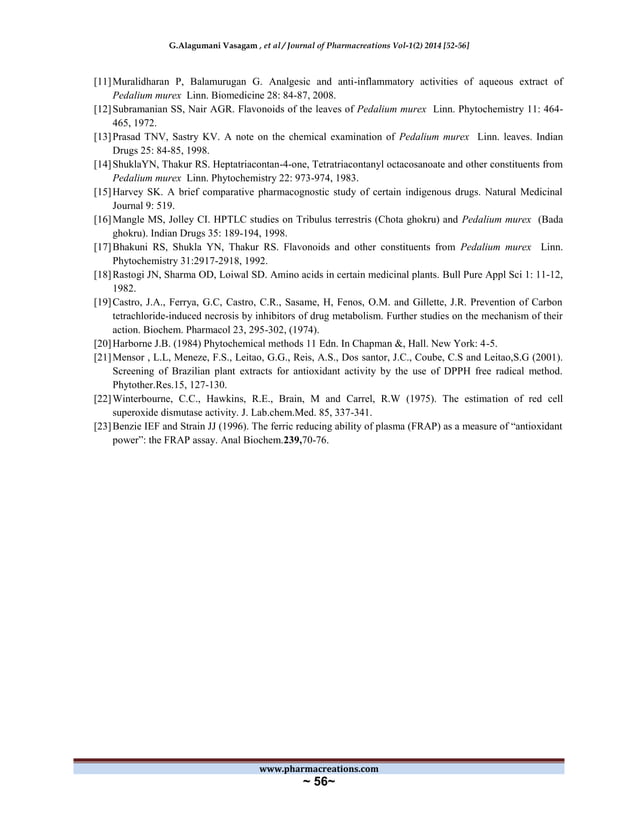 Invitro antioxidant activities of methanolic extract of whole plant of Pedalium murex (Linn ...