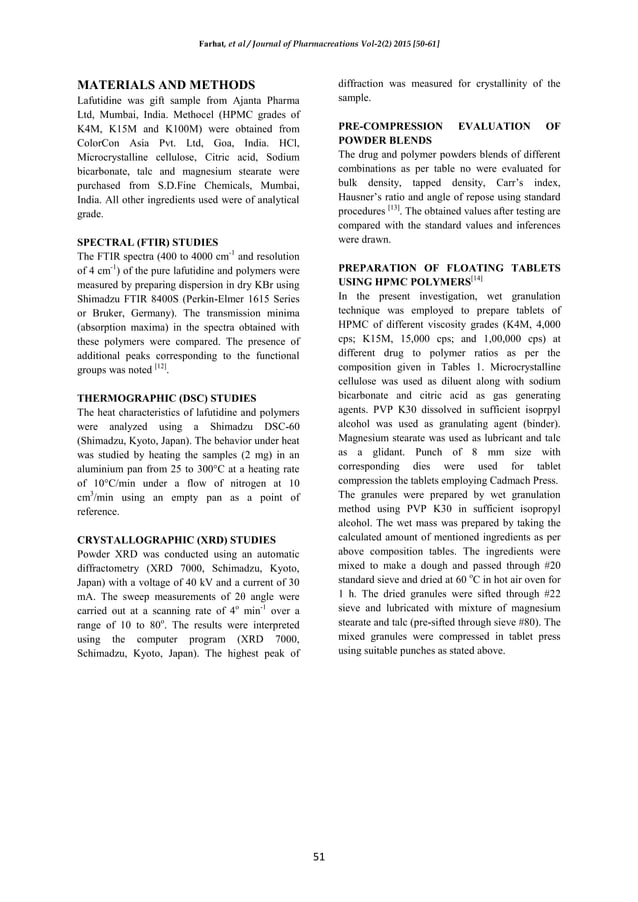 Formulation And Characterization Of Lafutidine Floating Matrix Tablets