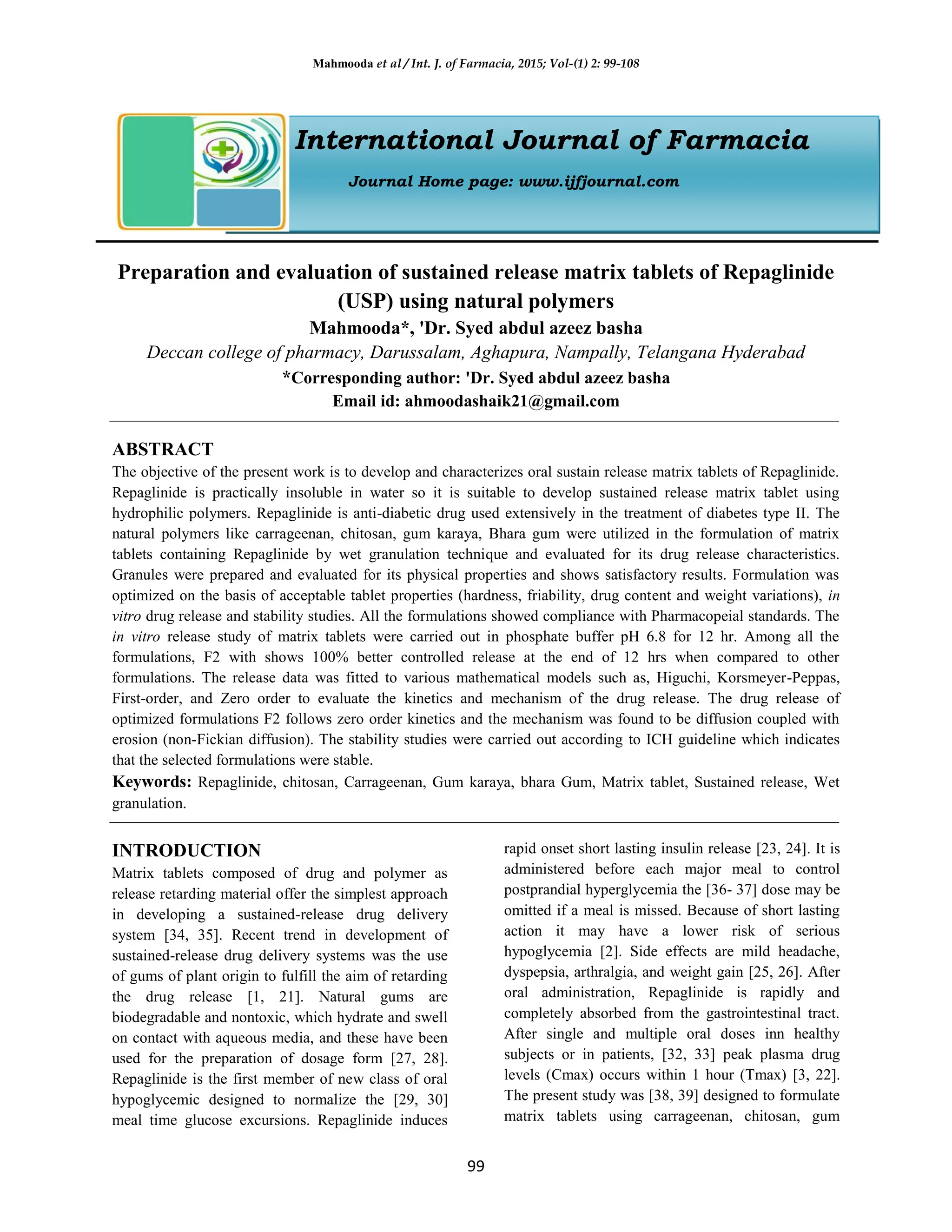 Preparation and evaluation of sustained release matrix tablets of ...