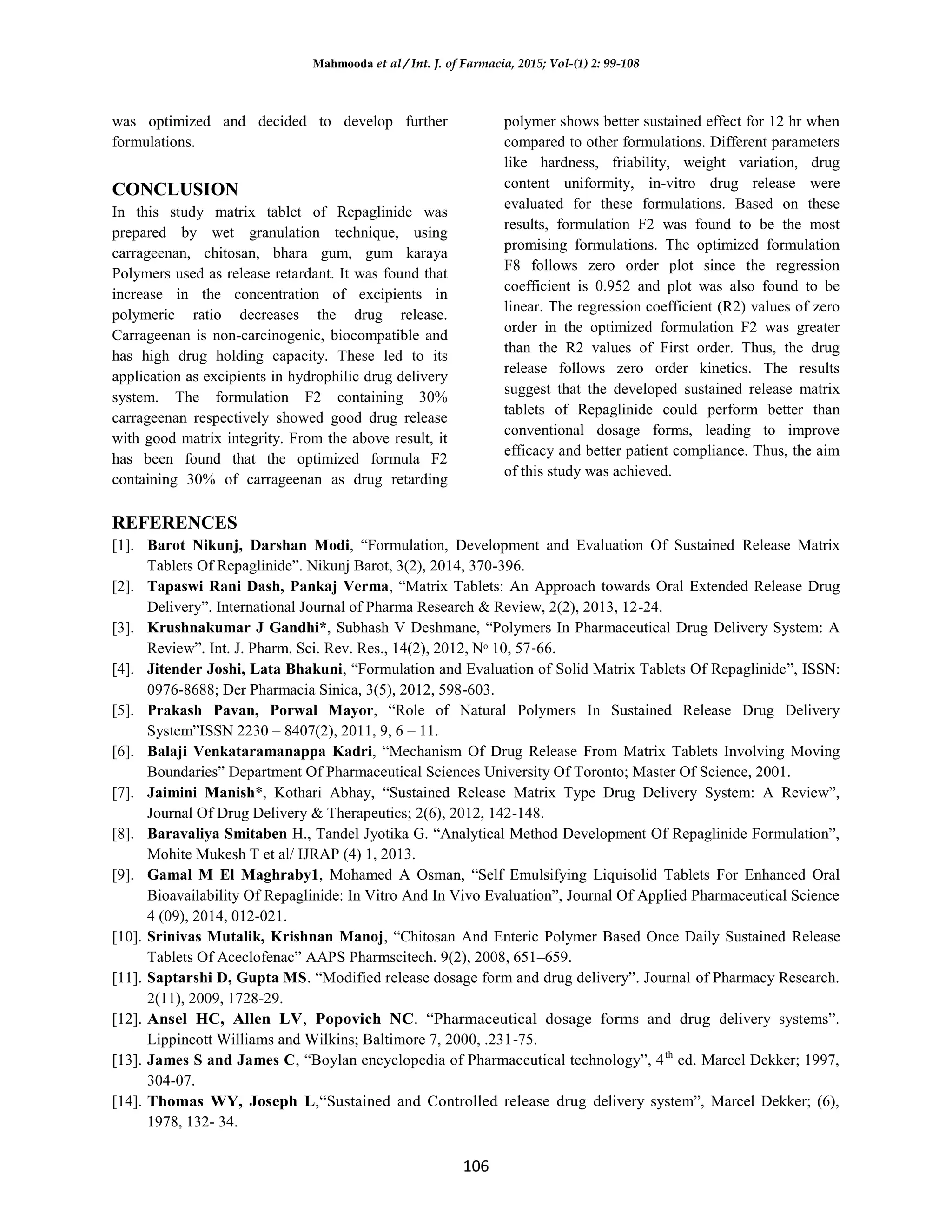 Preparation and evaluation of sustained release matrix tablets of ...