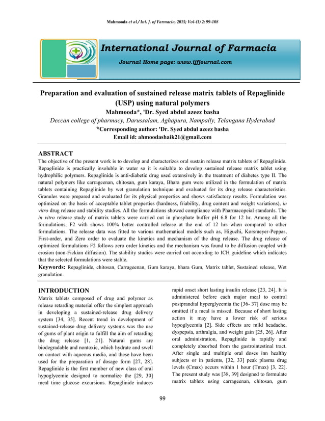 Preparation And Evaluation Of Sustained Release Matrix Tablets Of Repaglinide Usp Using