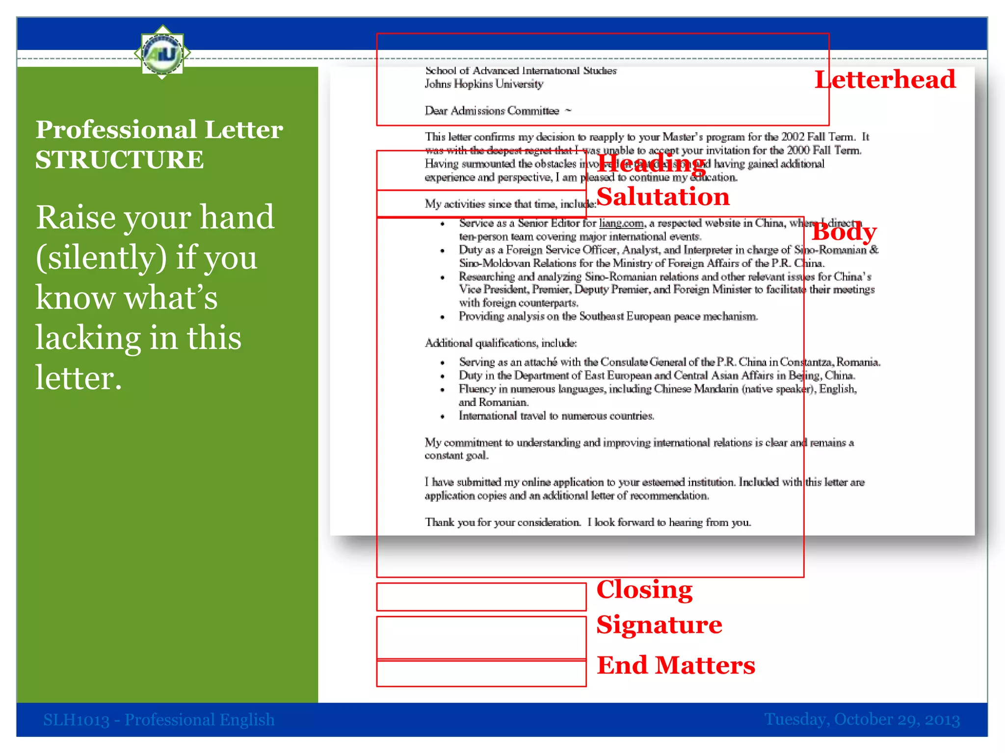 Professional Communication - The Structure of Formal Letters | PPTX