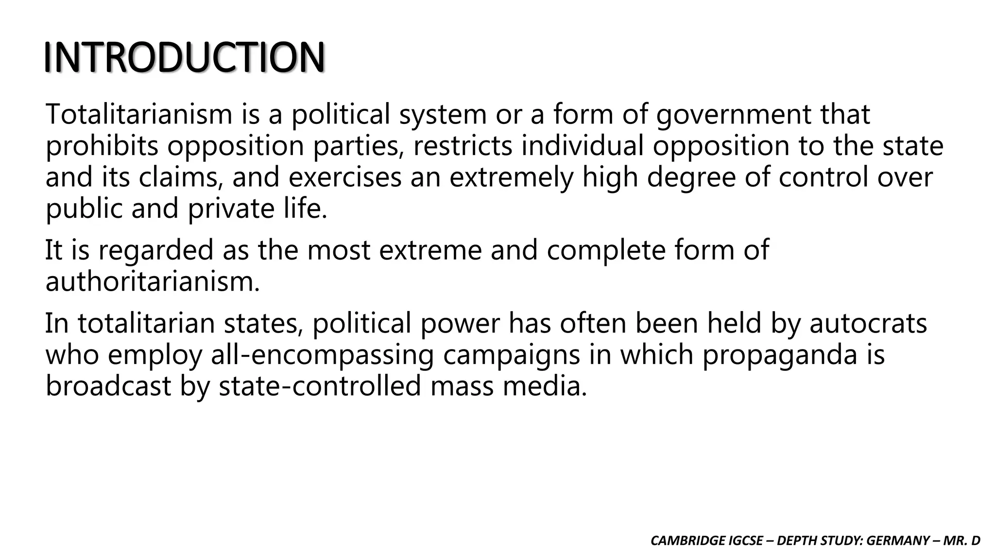 HISTORY IGCSE CONTENT - 20TH CENTURY OPTION - DEPTH STUDY GERMANY: THE ...