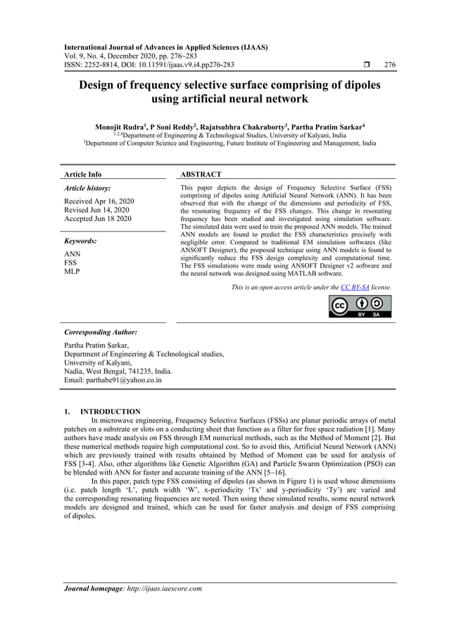 Design of frequency selective surface comprising of dipoles using artificial neural network | PDF