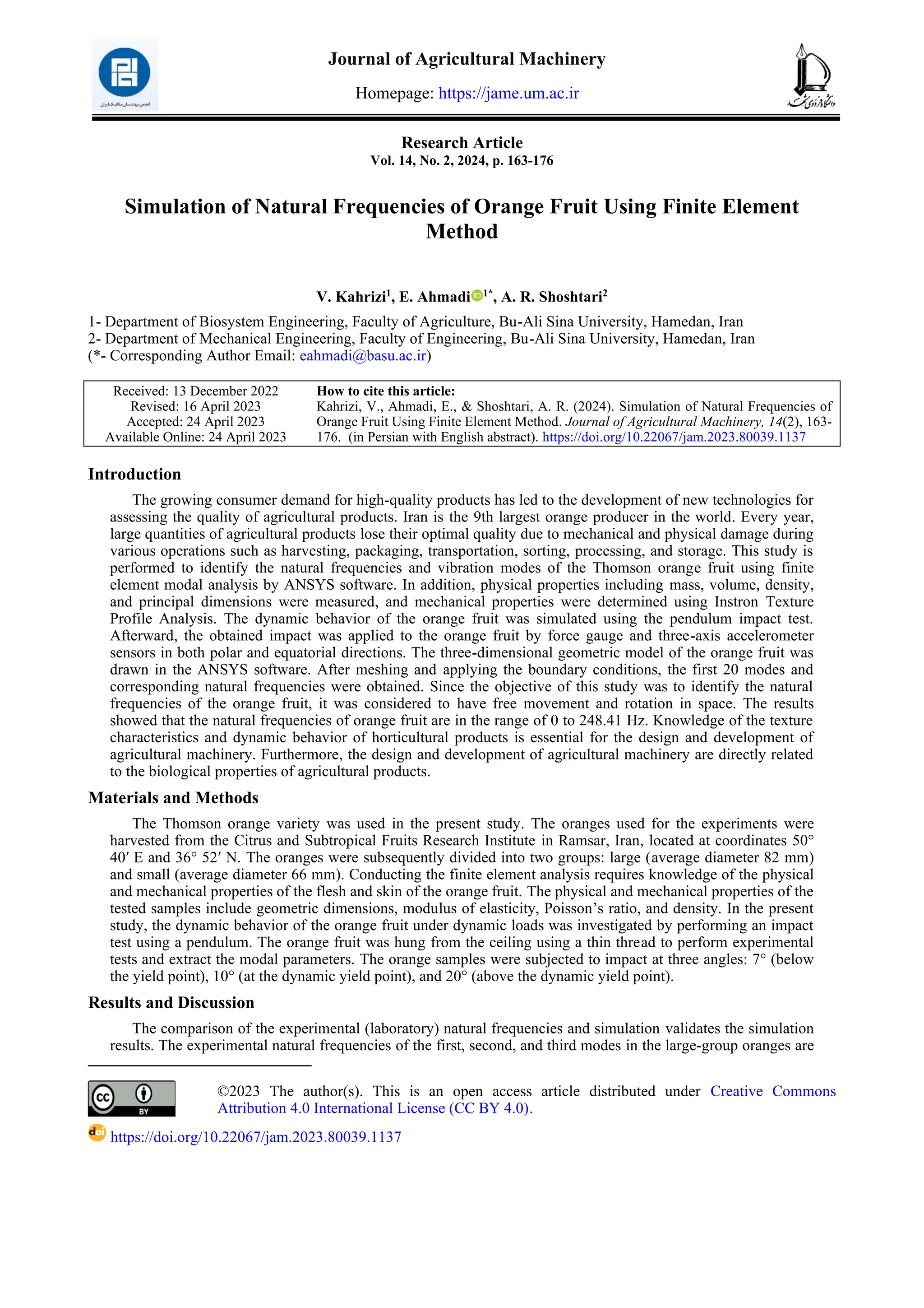 Simulation of Natural Frequencies of Orange Fruit Using Finite Element ...
