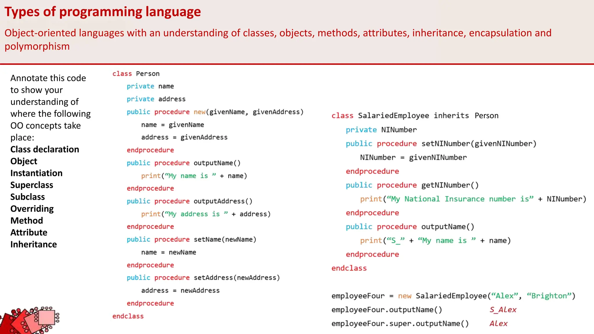 05. A-Level - Object-orientated languages Activity 3.pptx | Programming Languages | Computing
