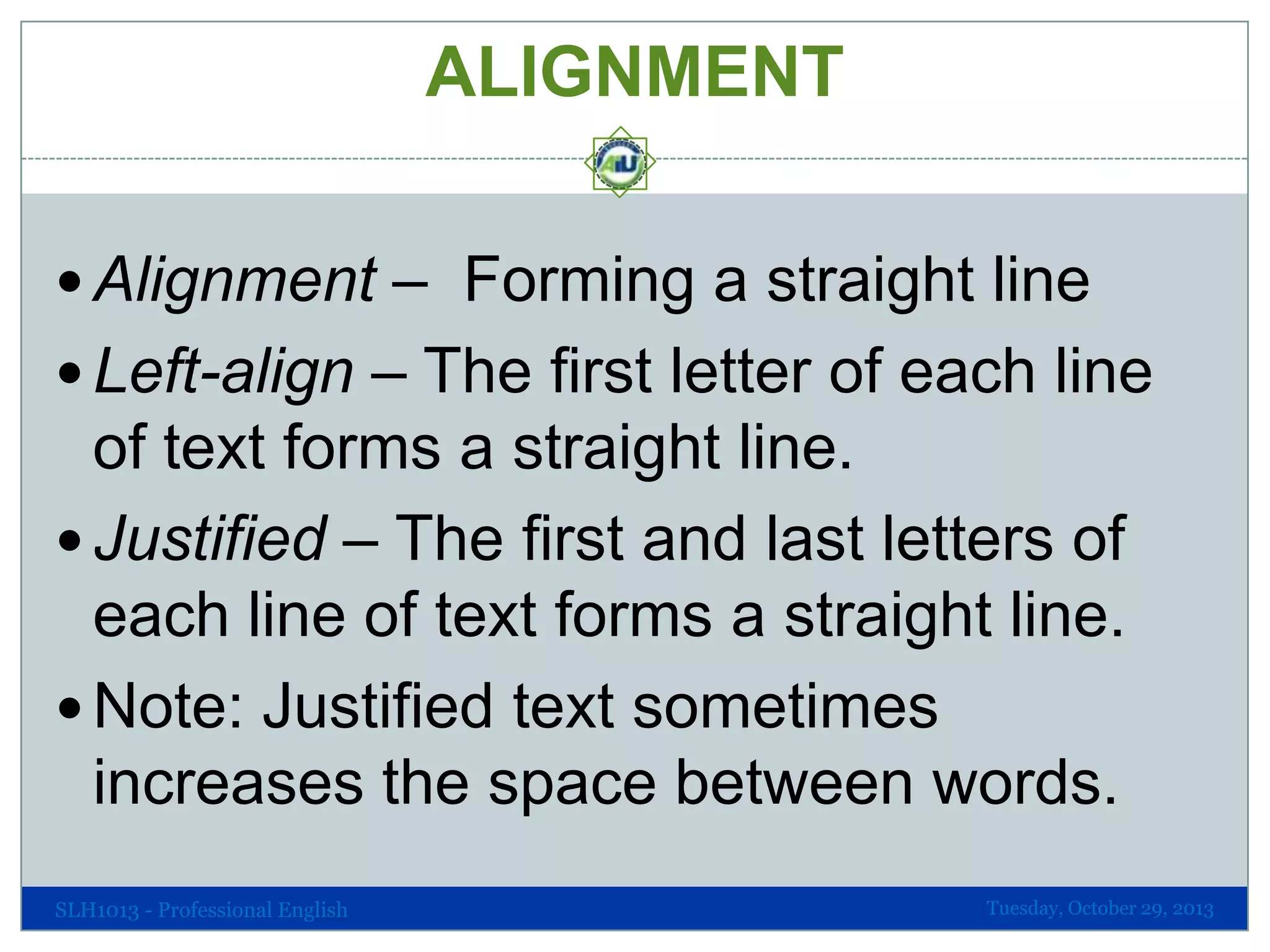 Professional Communication - Indention & Alignment in Formal Letters | PPTX