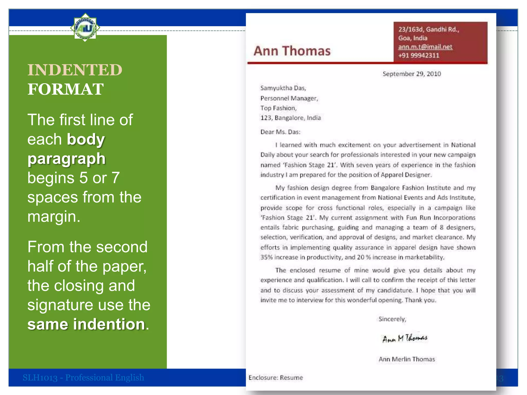 Professional Communication - Indention & Alignment in Formal Letters | PPTX