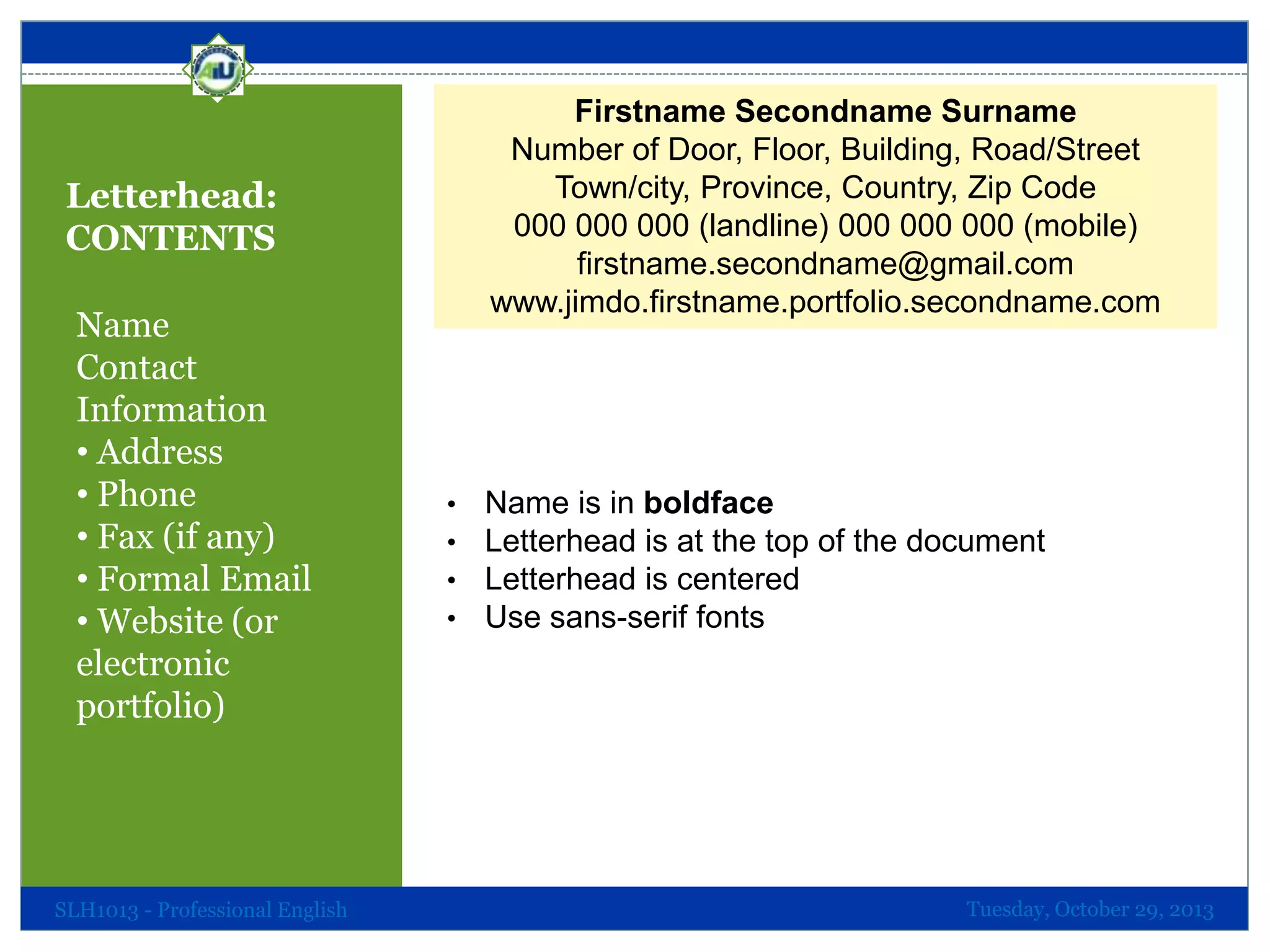 Professional Communication - Fonts Use in Letterheads | PPT
