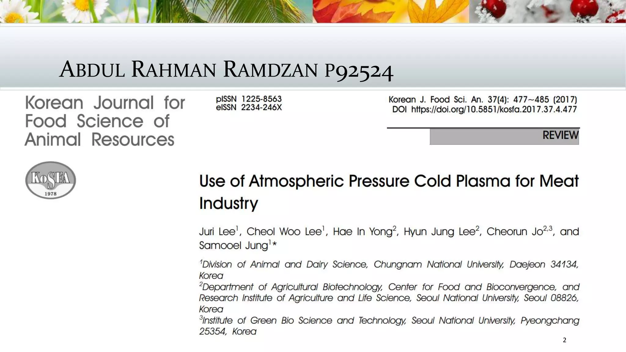 Use of Atmospheric Pressure Cold Plasma for Meat Industry | PPT