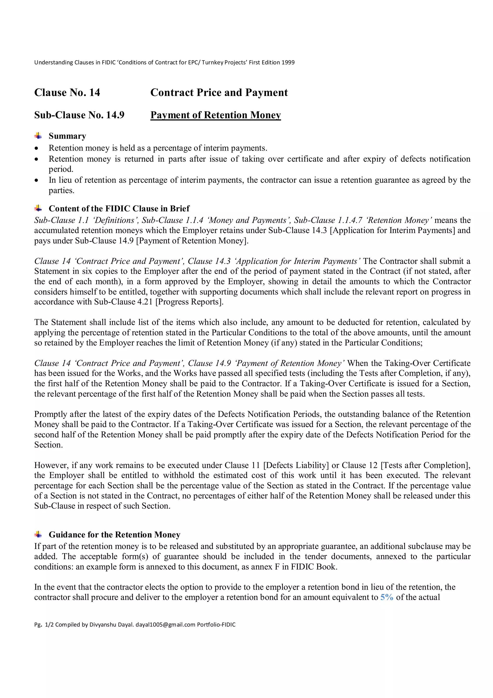 Clause 14.9 Payment of Retention Money-Understanding Clauses in FIDIC ...