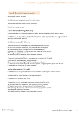 IGCSE ENGLISH FIRST LANGUAGE SYLLABUS 2020 / 2022 | PDF