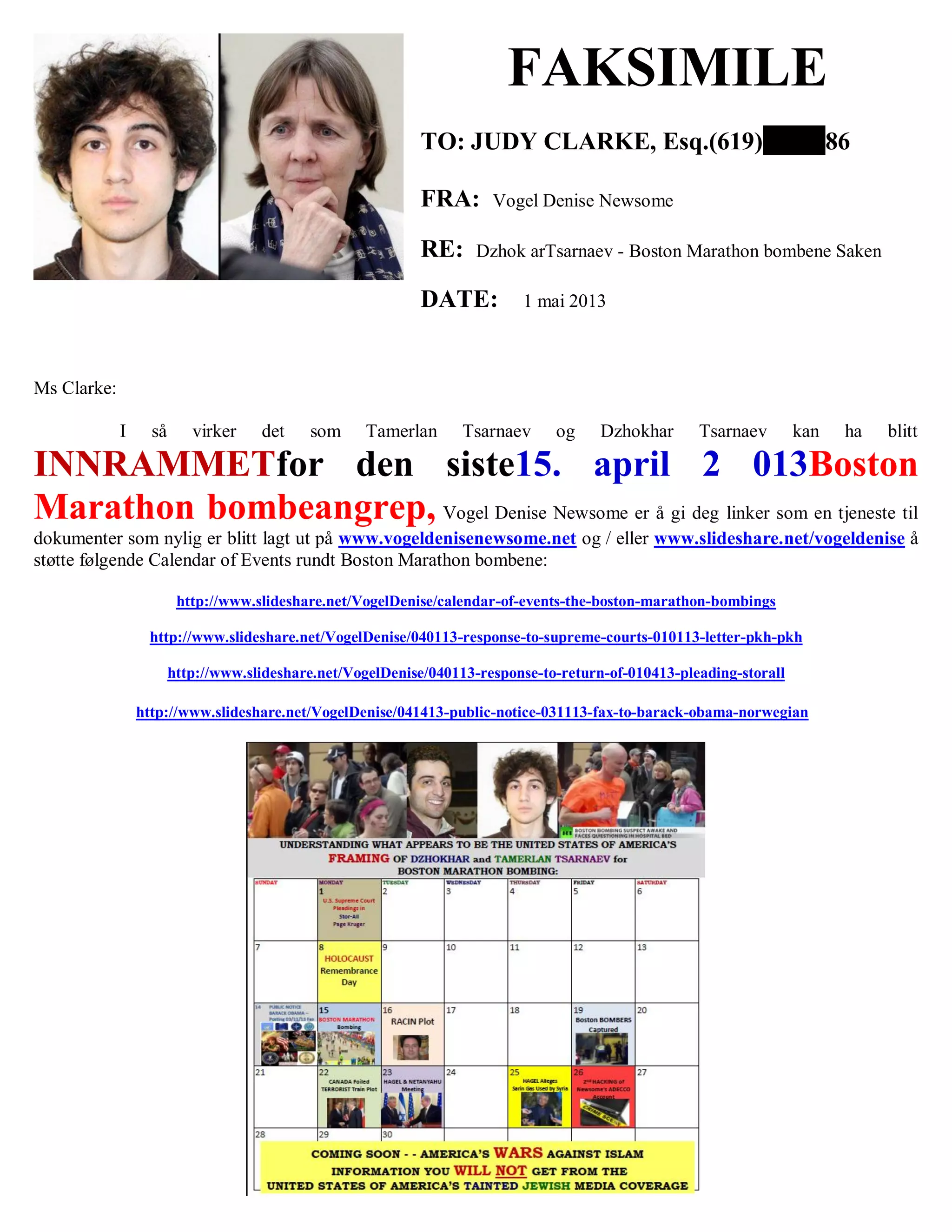 050113 fax to judy clarke (boston marathon bombing) - norwegian | PDF