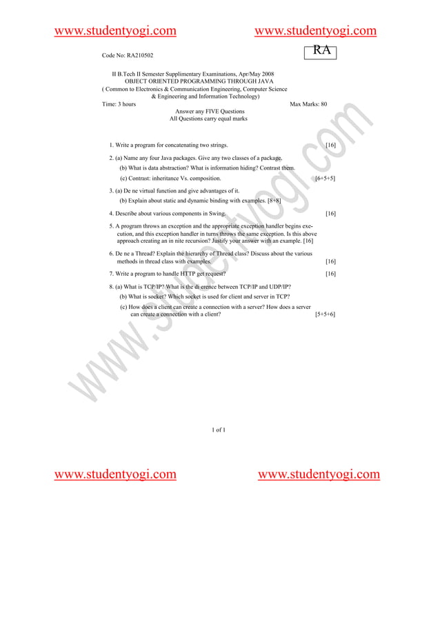 0502 Object Oriented Programming Through Java Set1 Pdf