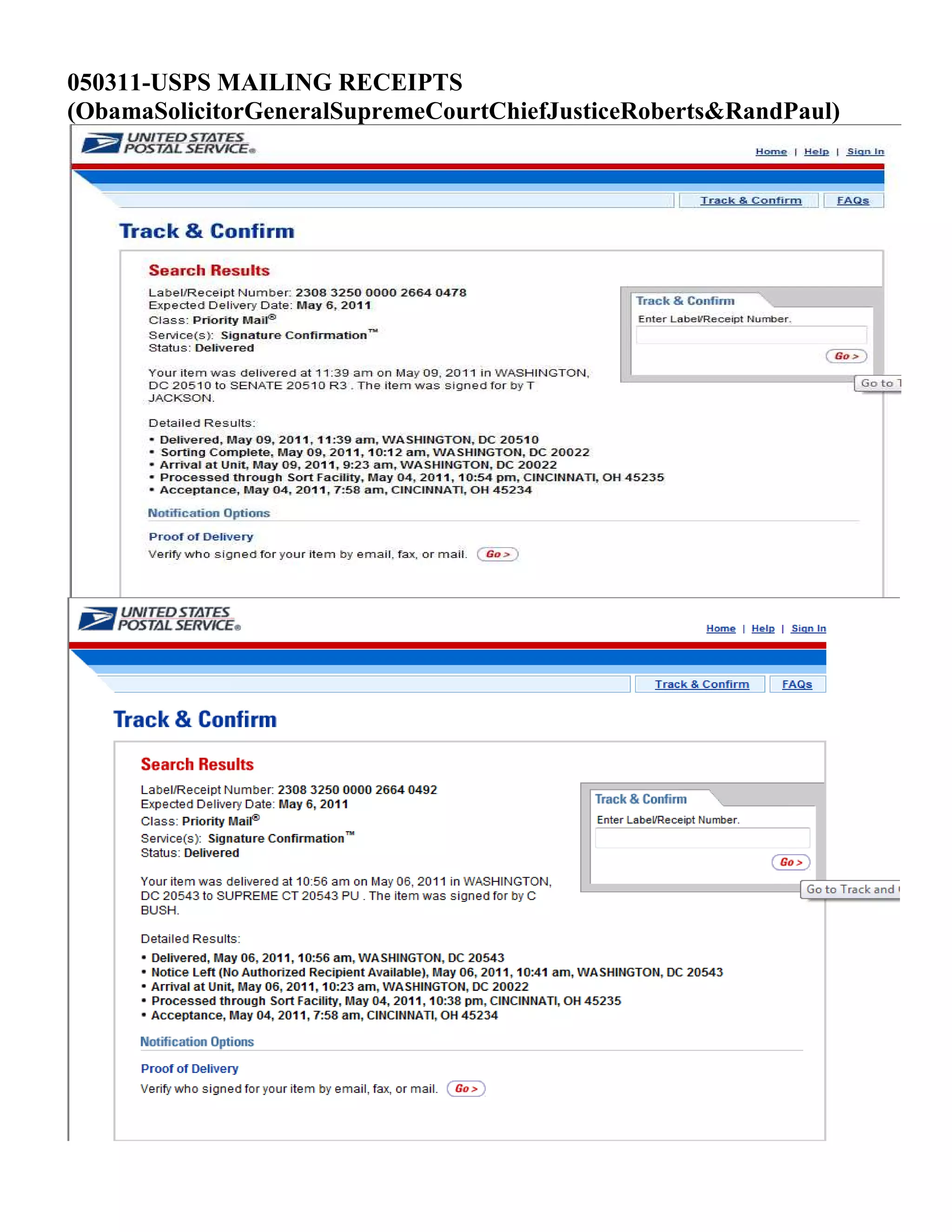 05/03/11 USPS MAILING RECEIPTS (Proof of Mailing) | PDF