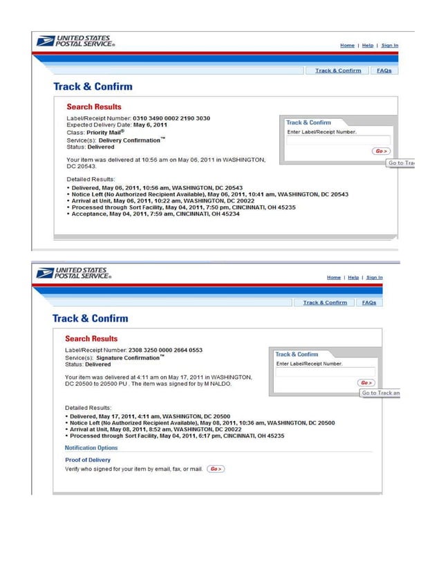 05/03/11 USPS MAILING RECEIPTS (Proof of Mailing) | PDF