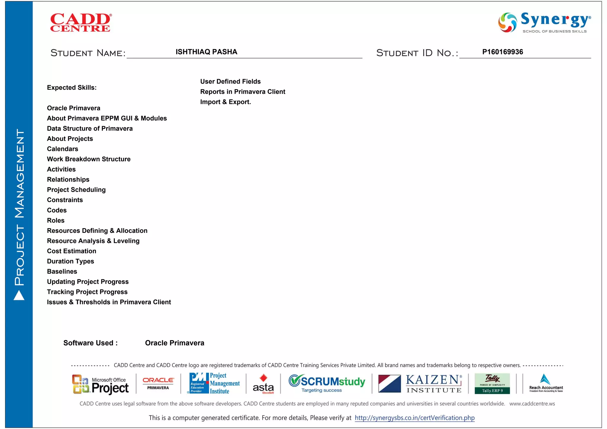 PRIMAVER COURSE CERTIFICATE | PDF