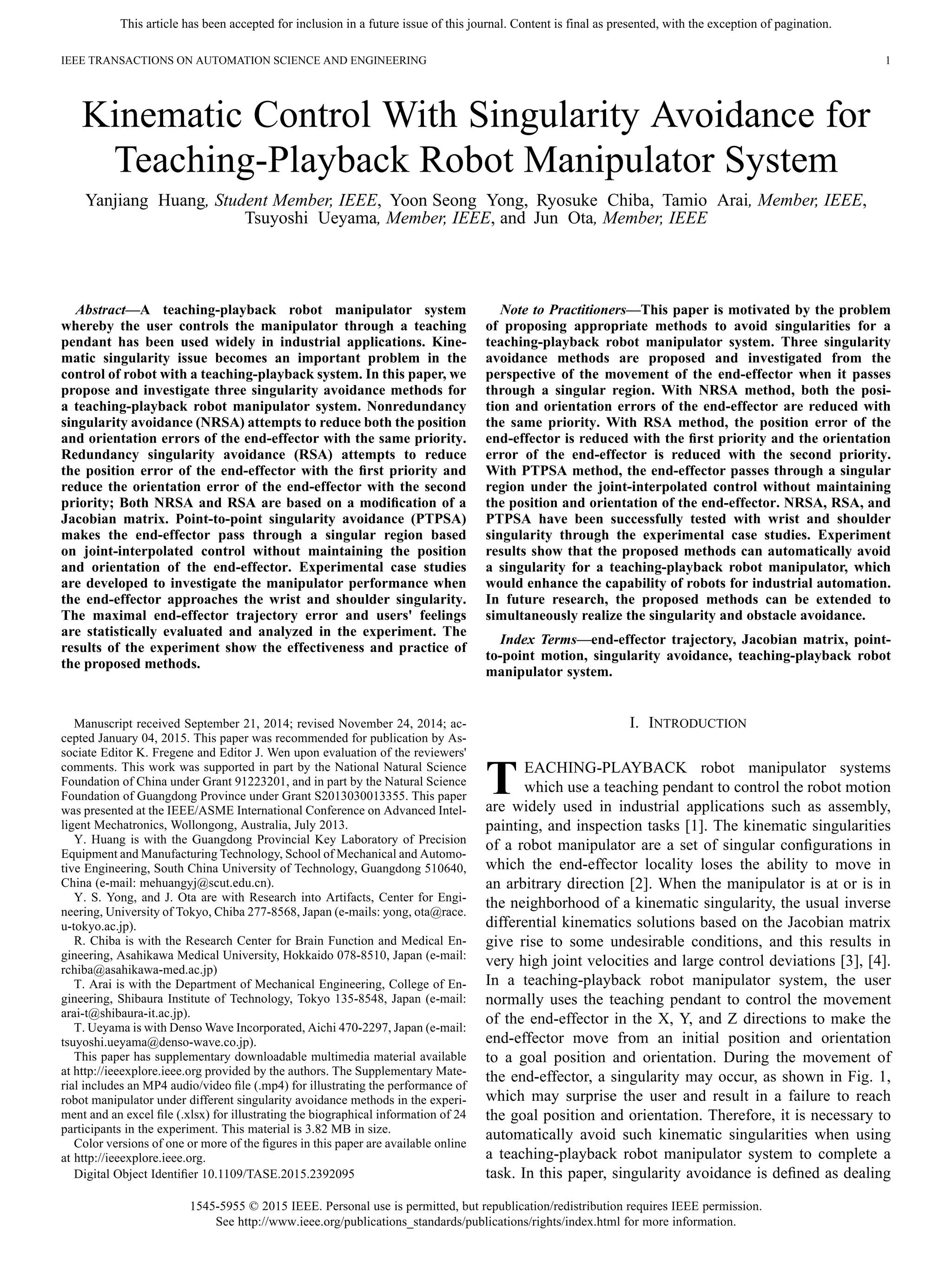 Kinematic control with singularity avoidance for teaching-playback robot manipulator system ...