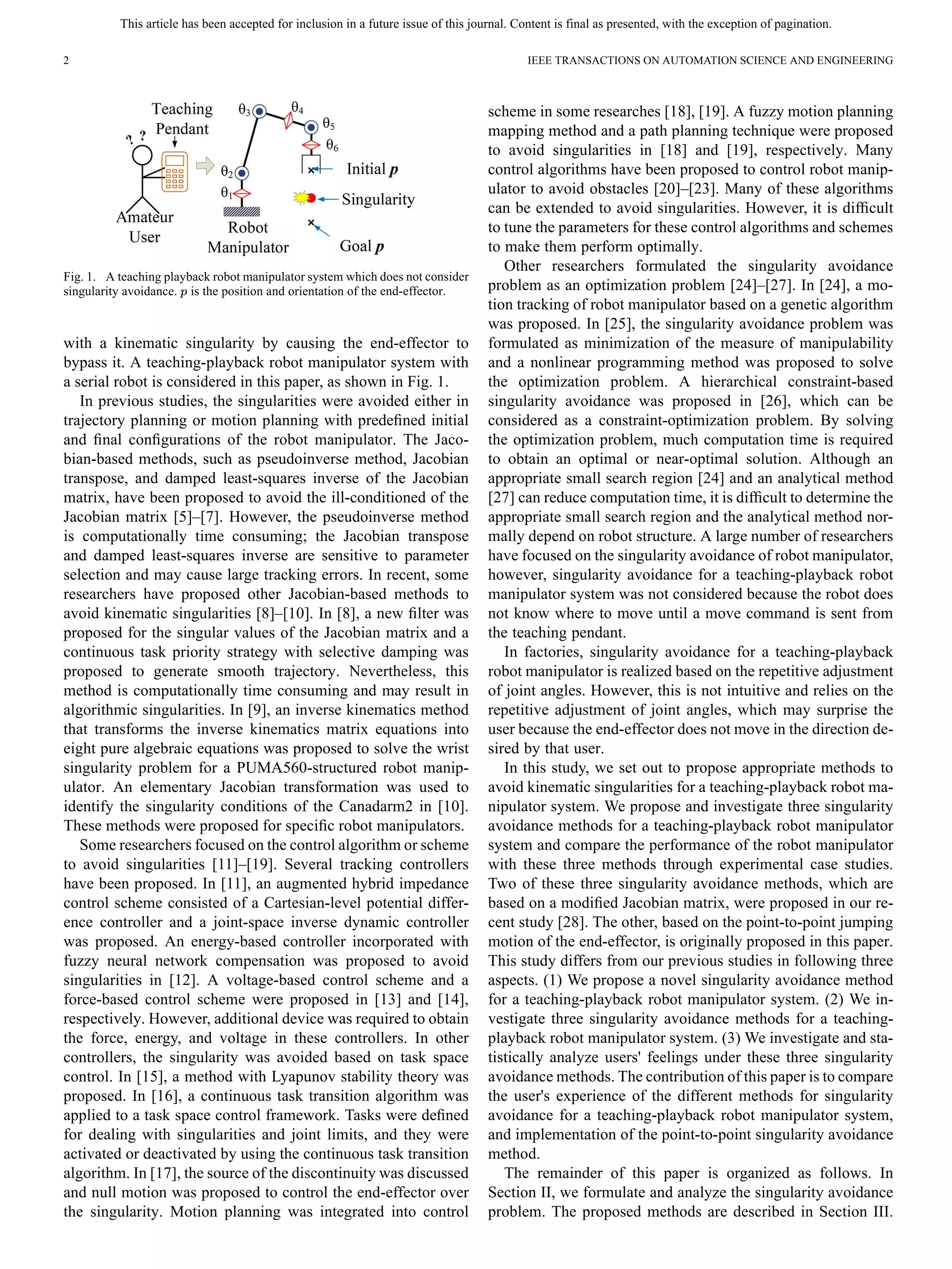 Kinematic control with singularity avoidance for teaching-playback robot manipulator system ...