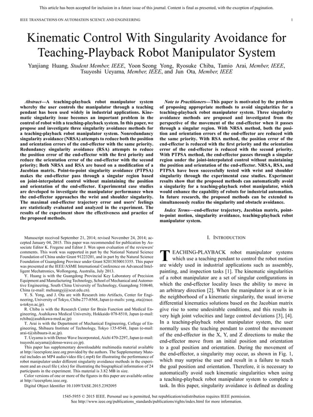 Kinematic control with singularity avoidance for teaching-playback robot manipulator system ...