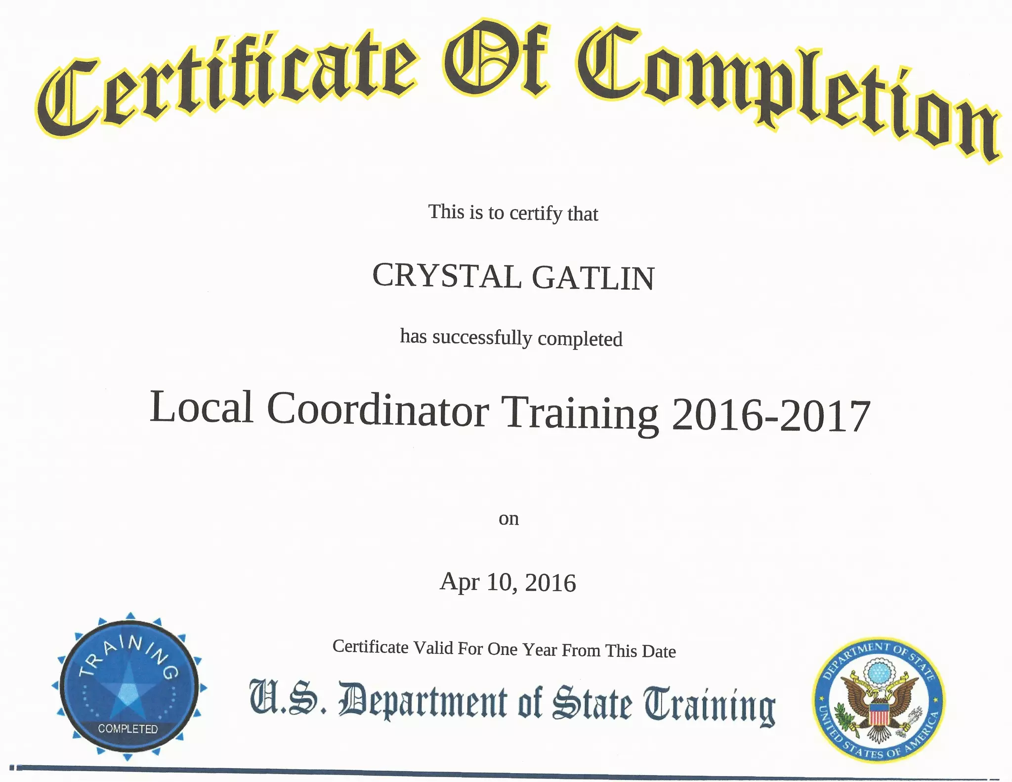 Crystal Gatlin Local Coordinator Certificate | PPT | Free Download