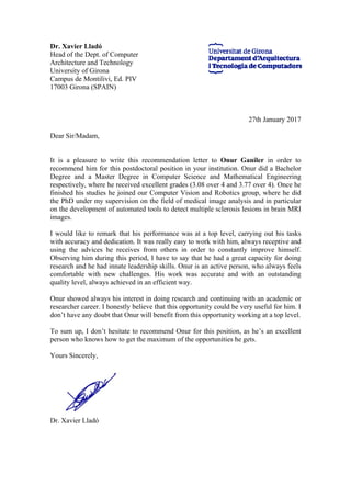 Recommendation Letter from PhD (Xavier Llado) | PDF
