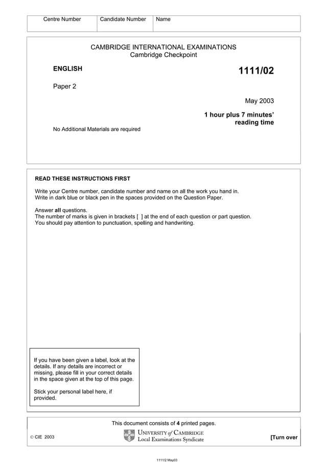 CAMBRIDGE INTERNATIONAL EXAMINATIONS | PDF