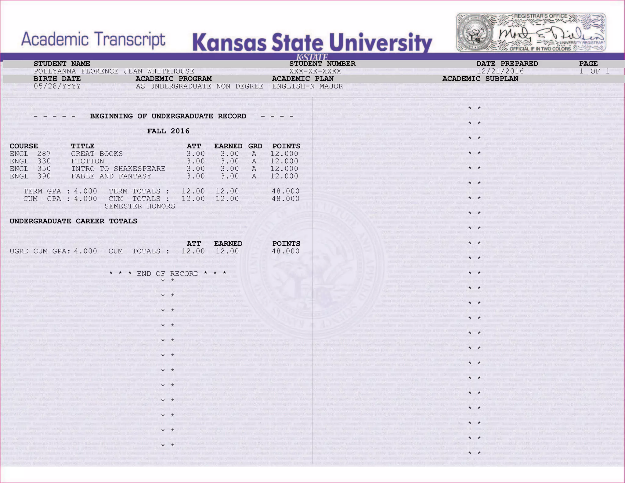 Kansas State Transcript | PDF