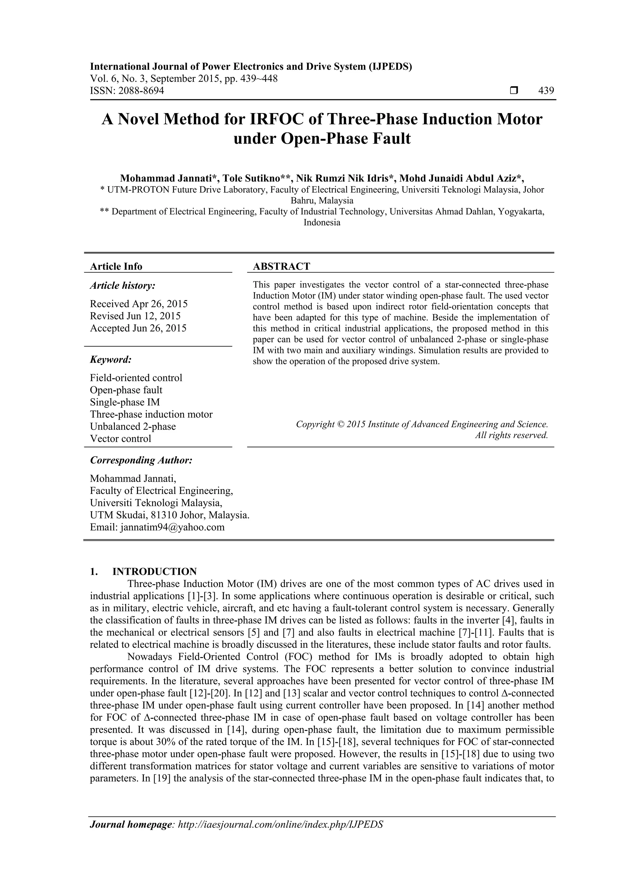 A Novel Method for IRFOC of Three-Phase Induction Motor under Open-Phase Fault | PDF