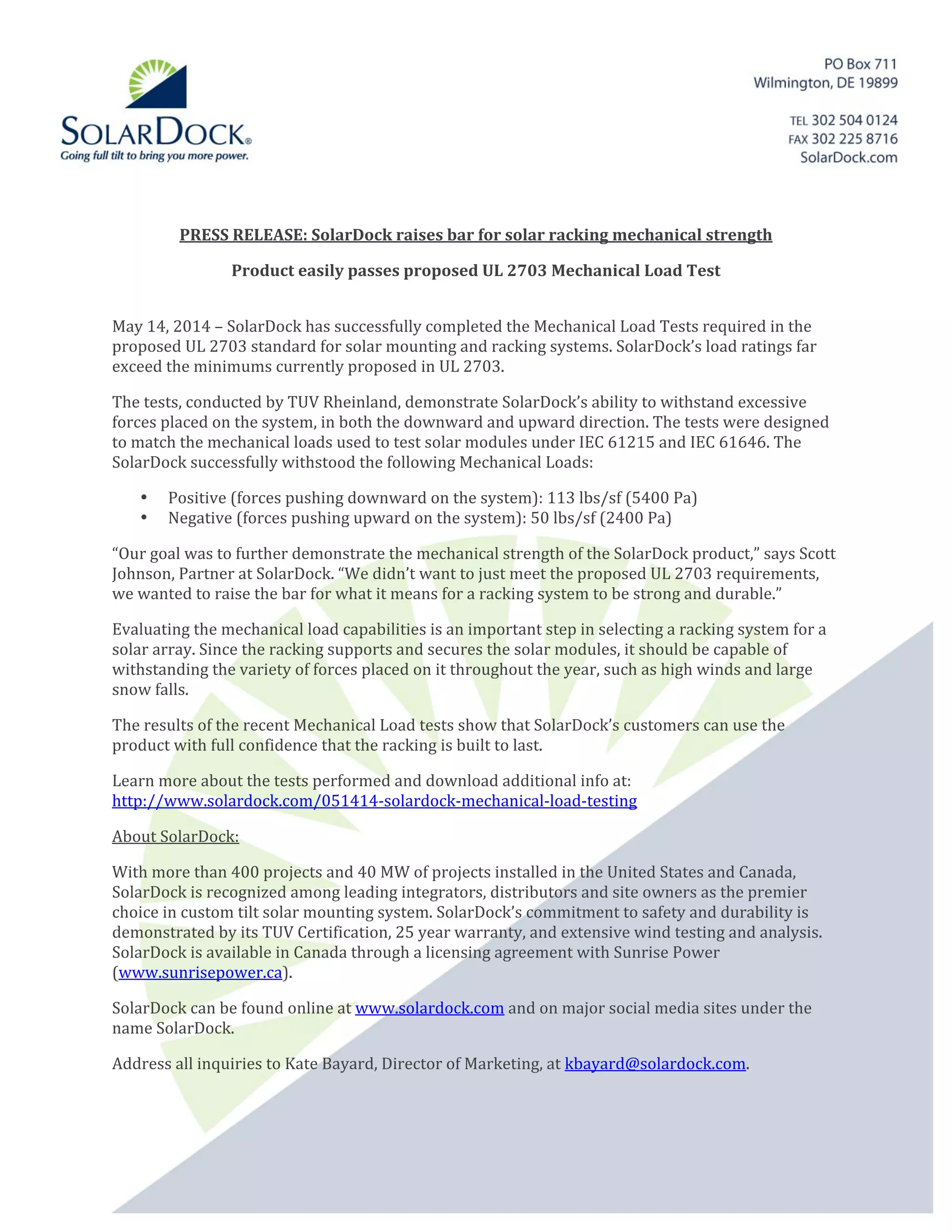 PRESS RELEASE: SolarDock raises bar for solar racking mechanical ...