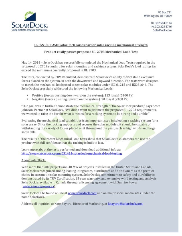 PRESS RELEASE: SolarDock raises bar for solar racking mechanical strength | PDF | Technology ...