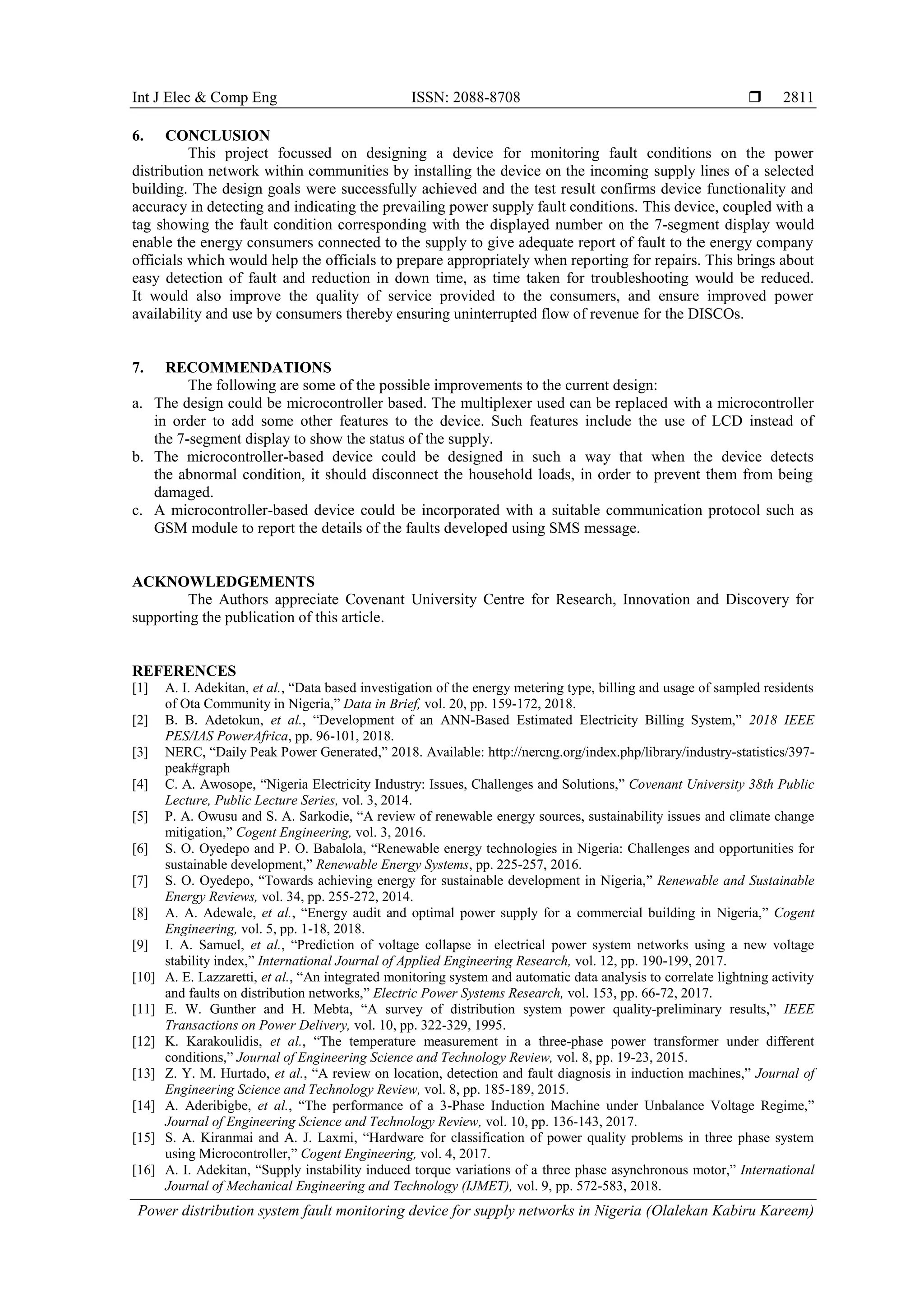 Power distribution system fault monitoring device for supply networks in Nigeria | PDF